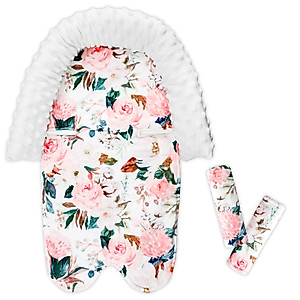 DILIMI Baby Car Seat Head Support, Soft Minky Infant Carseat Head Support for Boys and Girls, Car Seat Head Support with Straps Cover for Car Seats, Strollers and Bouncers, Pink Flower