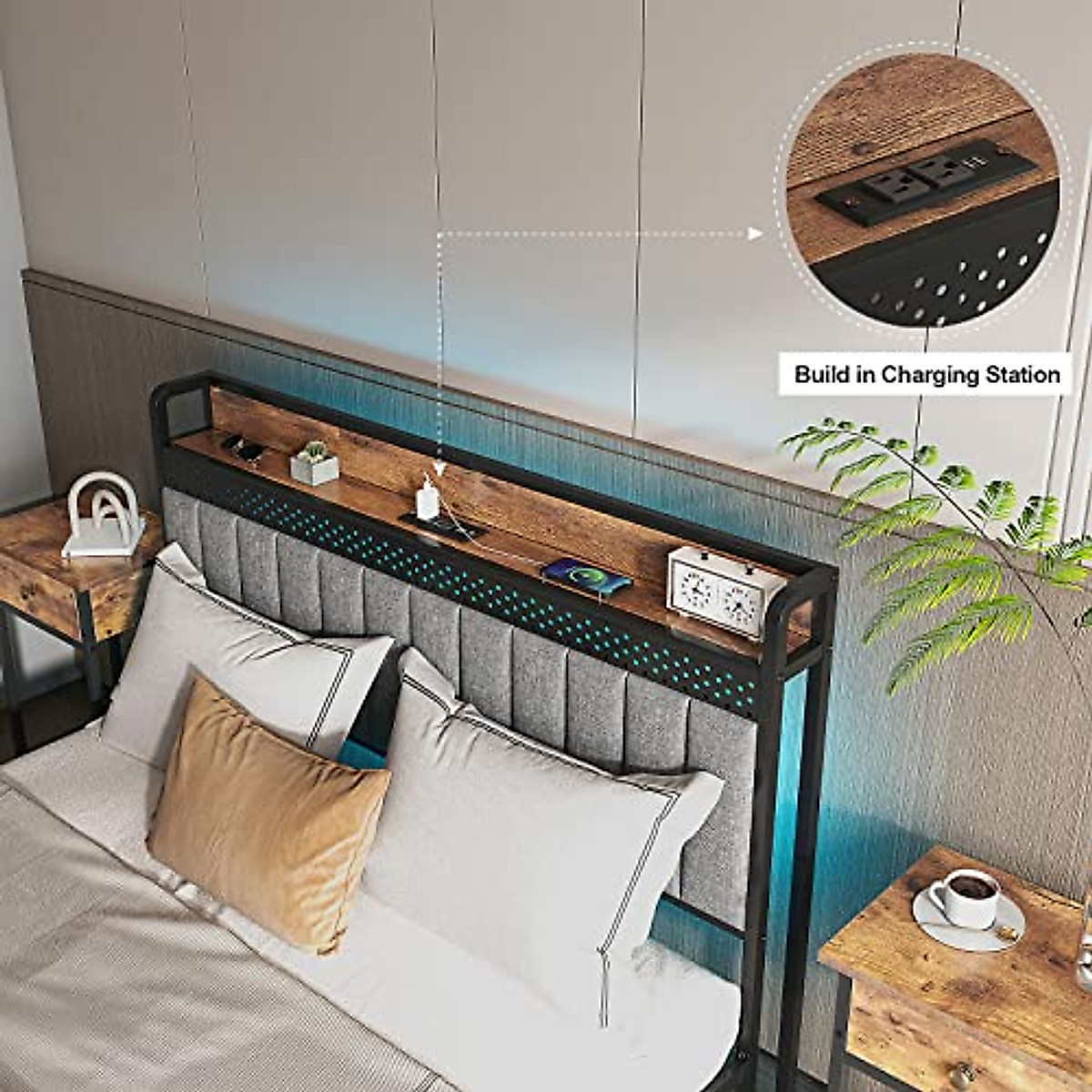 Saudism Full Size Bed Frame with Charging Station, Bed Frame with Led Lights, Full Platform Bed Frame with Soft Storage Headboard, Sturdy and Durable, No Box Spring Needed, Rustic Wood + Steel, Grey