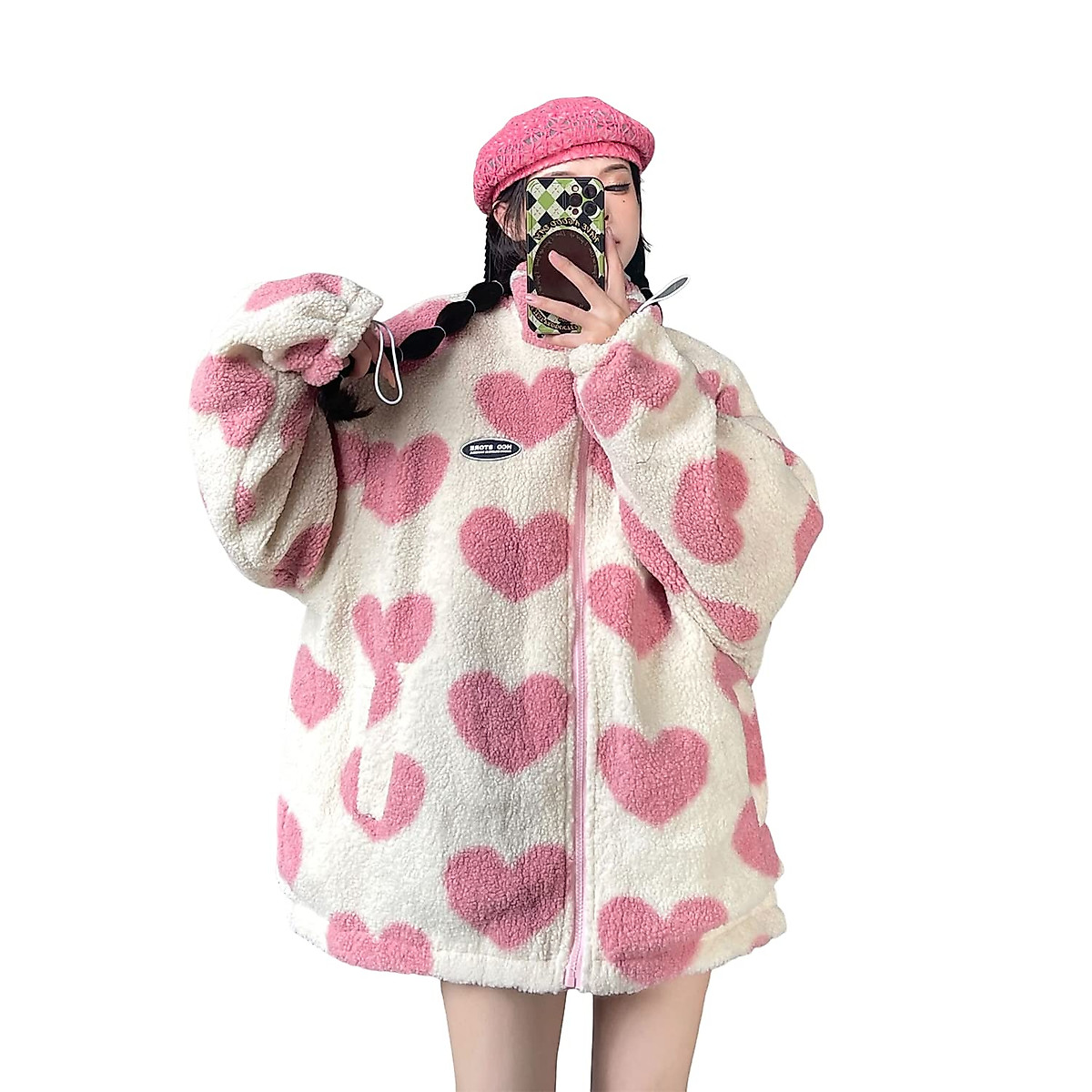 Women's Fleece Sherpa Jackets Reversible Kawaii Heart Print Fuzzy Zip Up Coats Aesthetic Y2k Winter Oversized Outwear (Pink,XL)