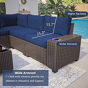 GAOMON 6 Pieces Outdoor Patio Furniture Set, Wicker Patio Conversation Set Sectional Sofa, Brown Patio Sofa with 5 Navy Blue Seat Cushions and 1 Glass Coffee Table