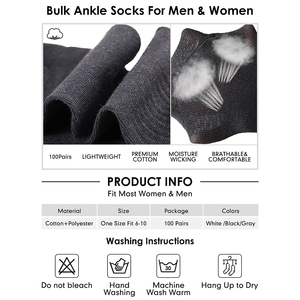 Tarpop 100 Pairs Mens Socks Bulk Moisture Wicking Socks Casual Sports Ankle Socks Bulk for Homeless Unisex Adult Men Women (Black, White, Gray)