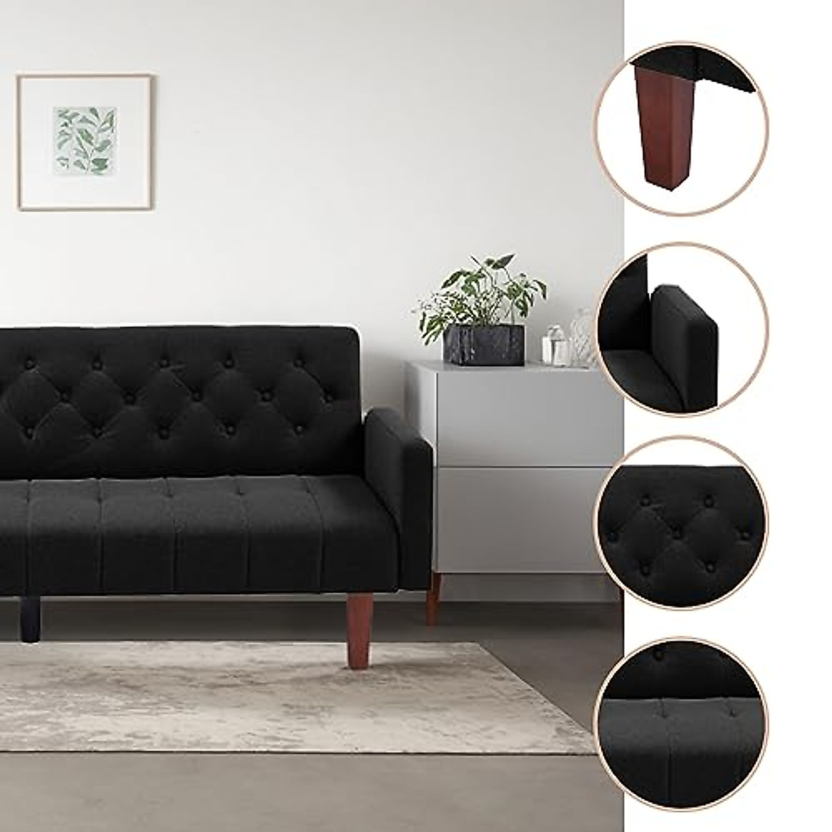 Fangflower Black Tufted Back Sofa Bed Mid-Century Convertible Sleeper Futon with Tapered Wood Legs for Living Room Apartment Lounge