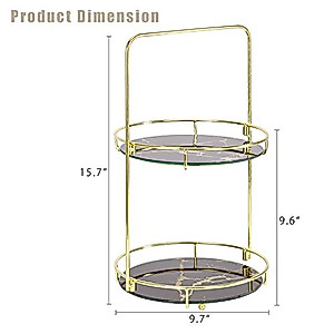 Z PLINRISE Makeup Organizer, 2 Tier Bathroom Cosmetic Storage Shelf for Dresser and Countertop, Decorative Round Vanity Organizer Basket with Marbling Glass Tray, Gold