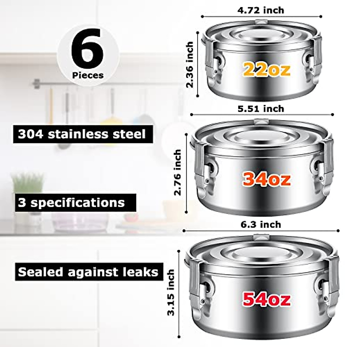 Zopeal 6 Pcs Stainless Steel Food Storage Containers with Lid Bento Lunch Boxes Reusable Metal Flat Canisters for Camping Trips Picnic Snacks Soups Salads Leftovers, 3 Sizes