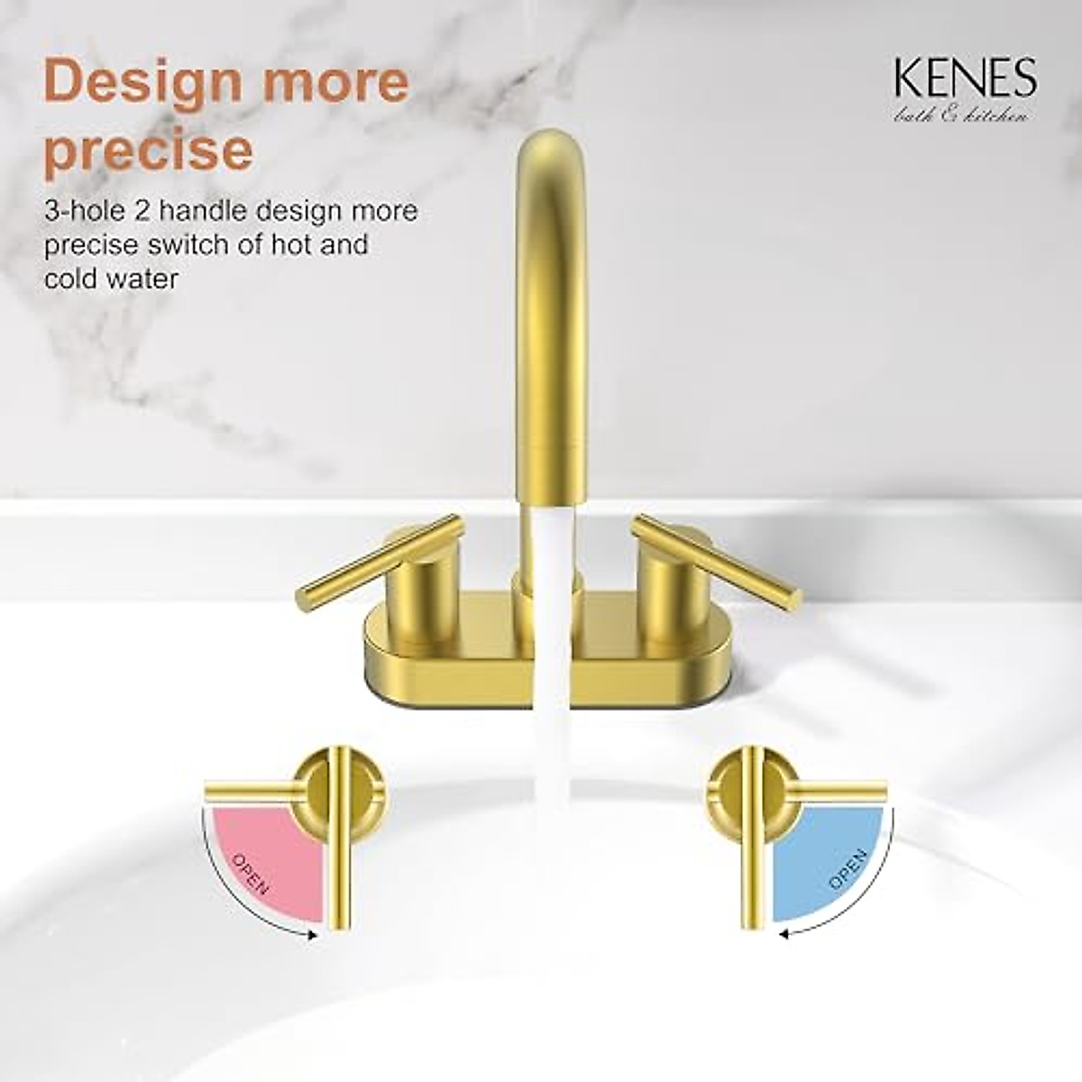 KENES Brushed Gold 4 Inch 2 Handle Centerset Bathroom Faucet, 3 Hole Gold Bathroom Sink Faucet, with Pop Up Sink Drain and Two Water Supply Lines, KE-9019-4