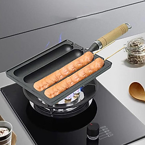 Gralara Sausage Grilling Pan Corn Dog Grill Pan Non Coating Cast Iron 4 Grid Hot Dog Presser Maker Hot Dog Grill Pan for All Stovetop Breakfast, Rectangle