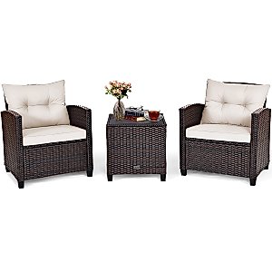 Tangkula 3 Pieces Patio Furniture Set, PE Rattan Wicker 3 Pcs Outdoor Sofa Set w/Washable Cushion and Tempered Glass Tabletop, Conversation Furniture for Garden Poolside Balcony (White)