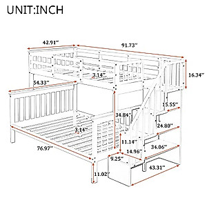 Woanke Twin Over Full Stairway Bunk Bed, Solid Wood Bed Frame with with Twin Size Trundle, Stairway, Storage and Guard Rail for Bedroom, Dorm, No Need Spring Box, Espresso
