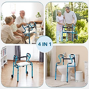 4 in 1 Folding Walker with Detachable Seat by Health Line Massage Products, Width Adjustable Folding Walkers with 5” Wheels and Extra 2 Skis, Compact Adults Walker for Seniors Support Up to 350lbs