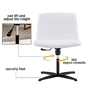 Swivel Armless Chair No Wheels,PU Leather Computer Chair,Height Adjustable 360°Swivel Office Chair with Black Foot and Padded Cushion,Study Desk Chair Makeup Chair for Living Room Office,White