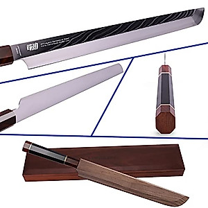 FINDKING Prestige Series Sakimaru Knife with Walnut Cover, Japanese SKD11 Damascus Steel Blade, Ebony Wood Octagonal Handle, Professional Sashimi Sushi Fish Knife (10.5 Inches, with Wooden Gift Box)