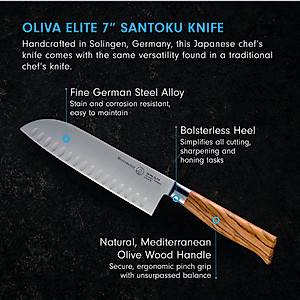 Messermeister Oliva Elite 7” Kullenschliff Santoku Knife - Japanese Chef’s Knife - German Steel Alloy Blade & Mediterranean Wood Handle - Rust Resistant & Easy to Maintain
