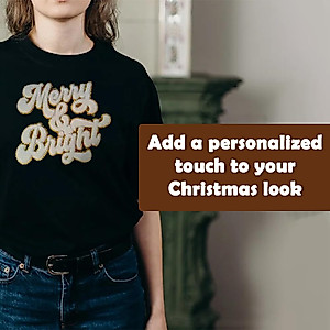 Merry & Bright- Iron On Patch- Pink Chenille Holiday Sweatshirt - Fuzzy Chenille Patch Alphabet Patch Glitter Christmas Patch Only DIY (White)