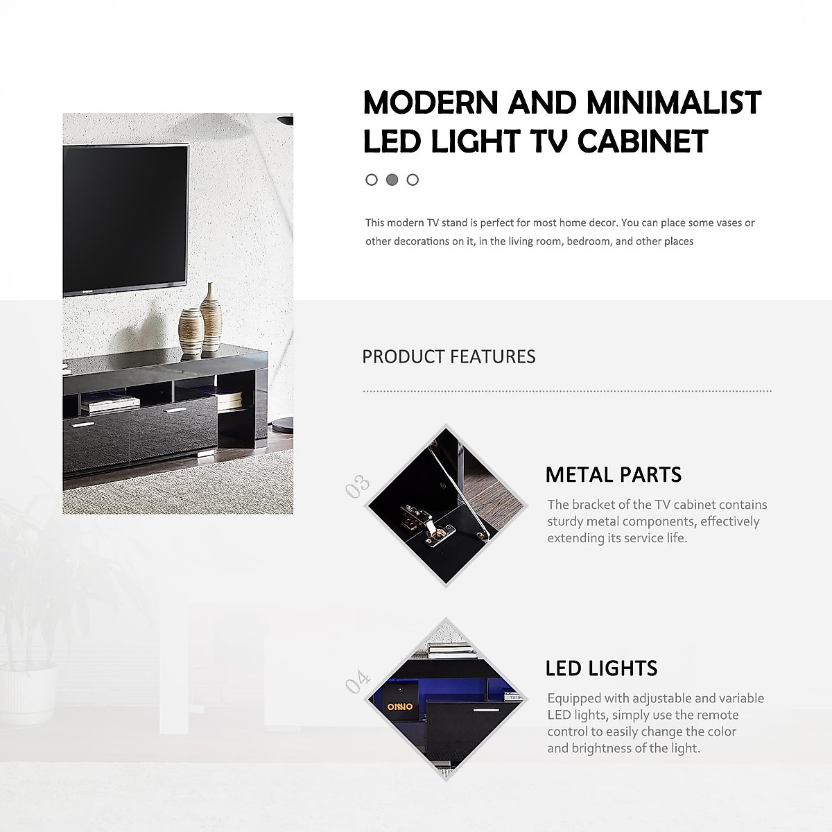 Eifizek Modern LED TV Stand for 75 inch TV, Entertainment Center with Storage, Black LED TV Stand for Living Room, Bedroom