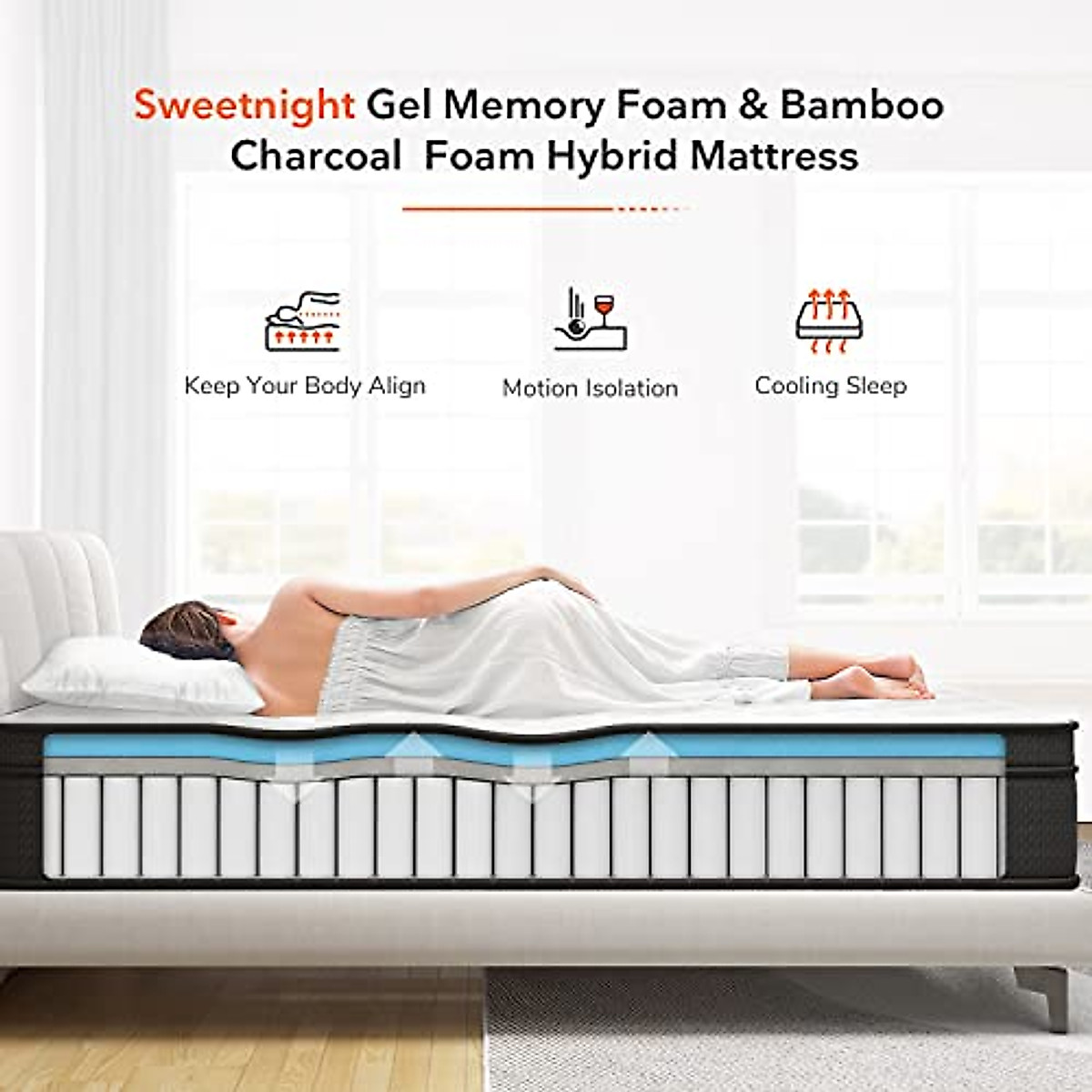 Sweetnight King Mattress, 12 Inch Pillow Top King Size Mattress in a Box, Bamboo and Gel Memory Foam Hybrid Mattress, Individually Wrapped Spring for Motion Isolation & Support,Black