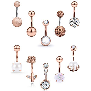 Vsnnsns 14G Belly Button Rings Flower Belly Rings for Women Stainless Steel Opal Belly Piercing Jewelry Surgical Steel Belly Button Rings Curved Navel Ring Barbell CZ Body Jewelry Piercing Rose Gold