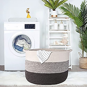 Blanket Basket for Living Room Large Cotton Rope Basket 21.7" x 21.7" x 13.8" Woven Laundry Basket Toy Storage Bins White Grey Black
