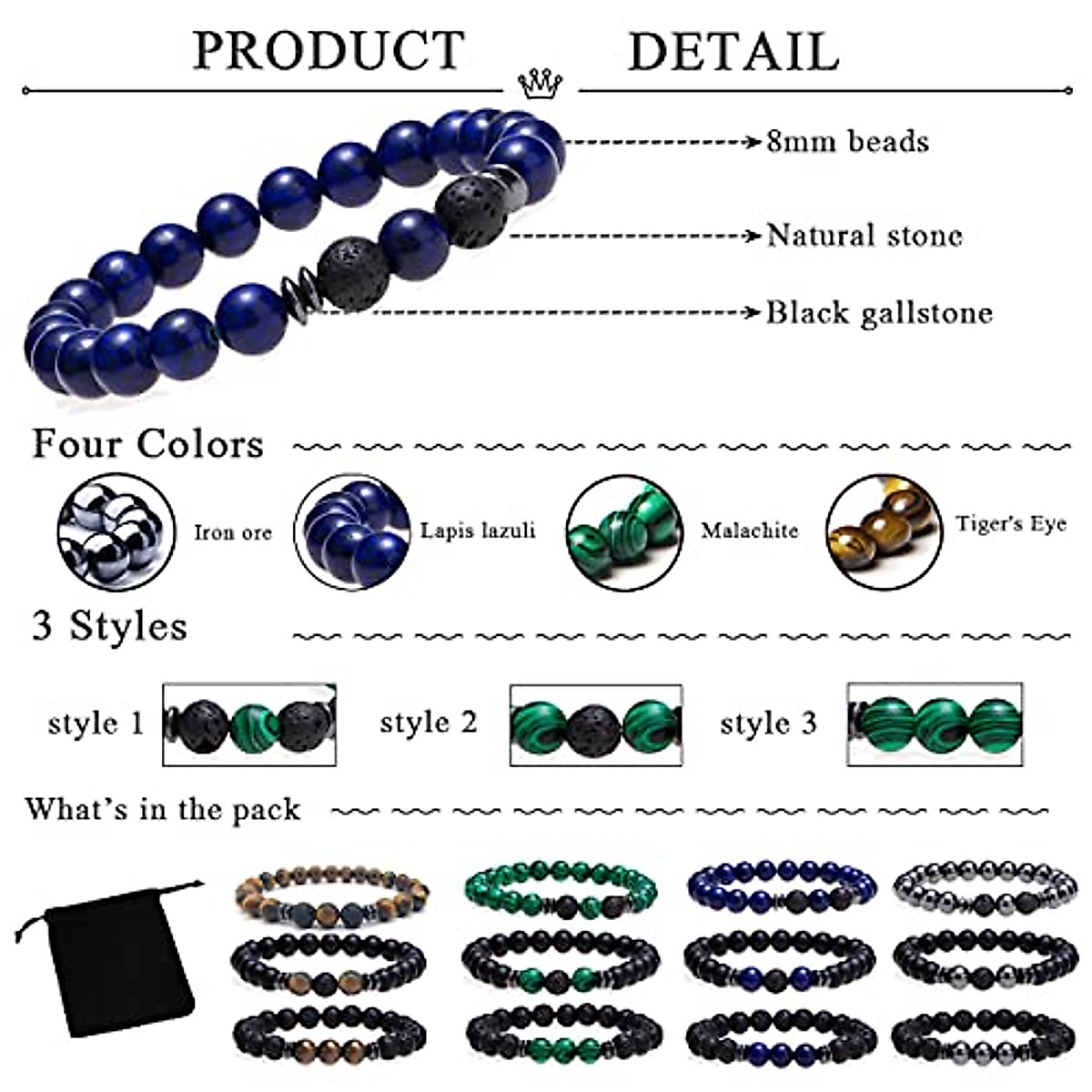 WAINIS 12 PCS Gemstone Beads Stretch Bracelets for Men Women Energy Yoga Healing Matte Lava Rock Volcanic Stone Essential Diffuser Oil Bracelet