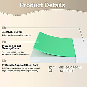 5 Inch Memory Foam Mattress Cooling Gel Green Tea Infused Mattress,Medium Firm Mattresses CertiPUR-US Certified/Bed-in-a-Box/Pressure Relieving Queen Size,White