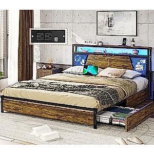 ADORNEVE LED Queen Bed Frame with Storage Headboard, Metal Platform Bed with Charging Station, Bed Frame with 4 Drawers, Storage Shelves, No Box Spring Needed,Noise-Free,Vintage Brown