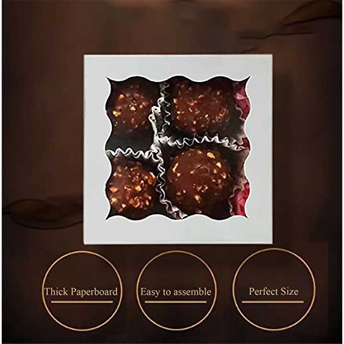 RomanticBaking 3 1/4" x 3 1/4" x 1 1/2" 50PCS Chocolate Truffle Boxes for 4，Cookies Boxes Soap Boxes Donut Boxes Macaron Boxes Mini Bakery Boxes with Window Brownie Boxes