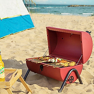 Portable Charcoal Grill Mini BBQ Grill with Lid and Thermometer, Tabletop Small Barbecue Grill & Smoker, Compact Outdoor Cooking Grill for 3-5 People Backyard Picnics Beach Camping,Red