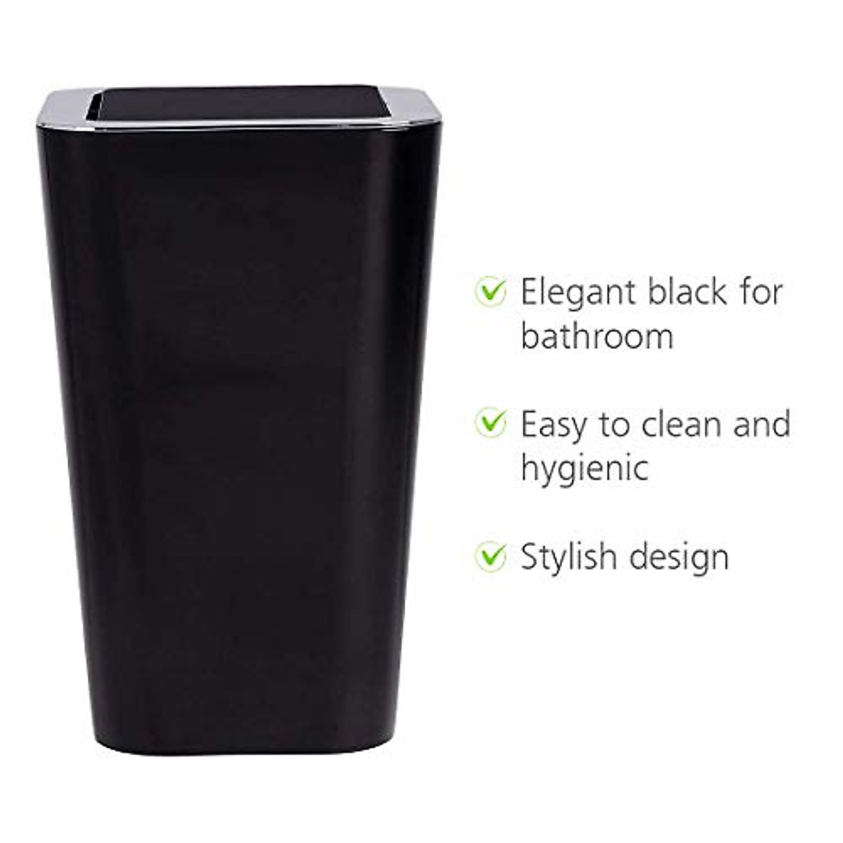 WENKO 22474100 Small Trash Can with Swing Top Lid, Mini Waste Basket, Stylish Garbage Bin for Bathroom, Bedroom, Kitchen, 1.6 Gallon, 7.1 x 11.2 x 7.1 in, Black, 6 L