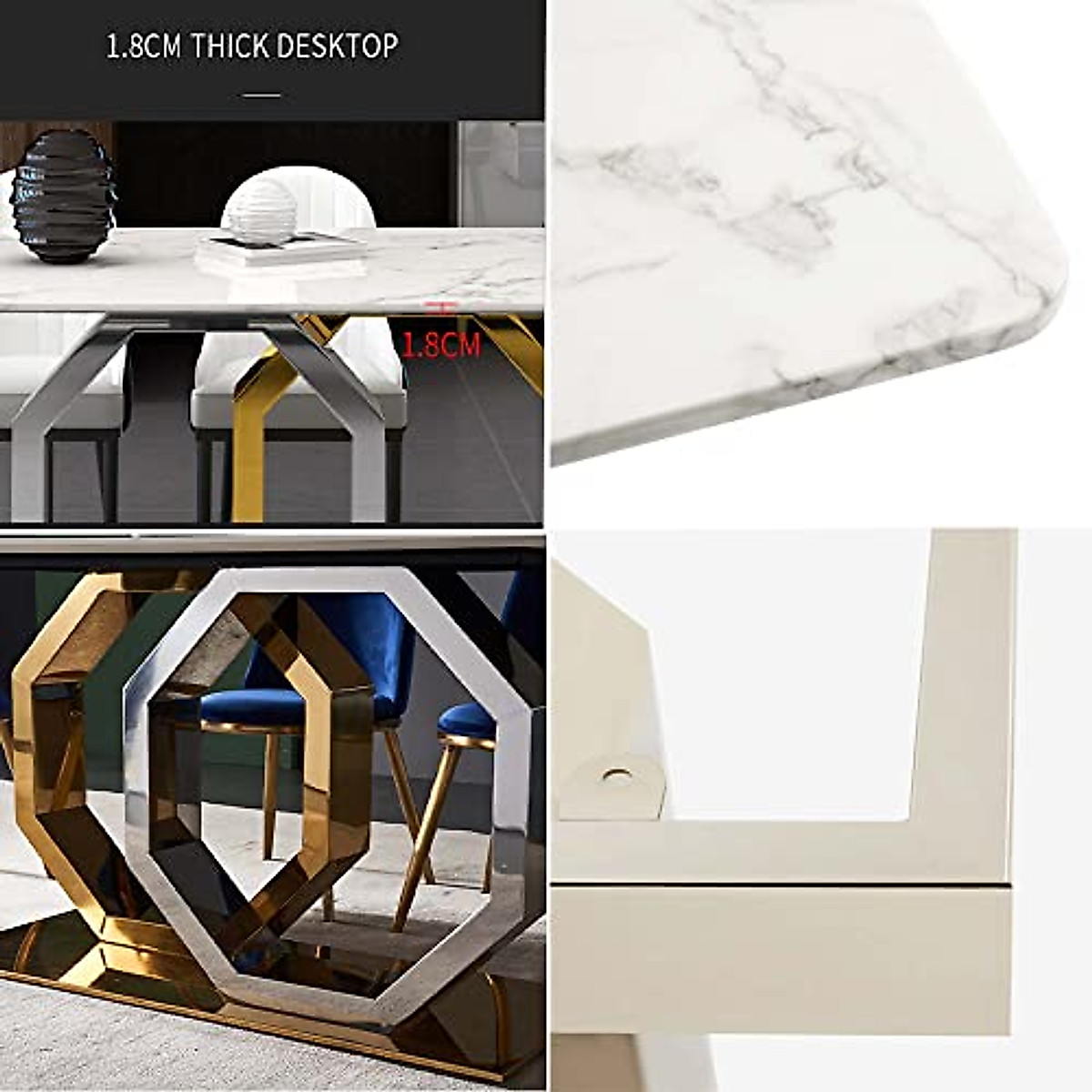 POVISON Modern Faux Marble Dining Table for 6-8, White Rectangular Dining Table Tabletop with Steel Golden Hexagonal-Legs, Kitchen Table for Dining Room Table, 63'' (Table only)