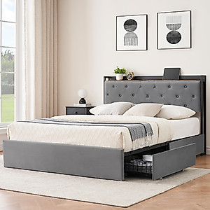 GAOMON Queen Size Bed Frame with 4 Storage Drawers and Charging Station, Upholstered Velet Platform Bed Frame with Storage Headboard and Sturdy Wooden Slats Support, No Box Spring Needed (Queen)