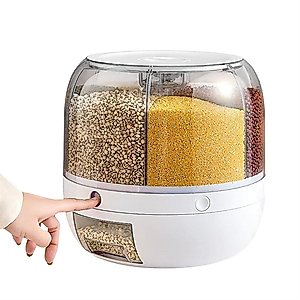 Rice Dispenser, 6-Grid 12lbs Rotating Rice Dispenser, Rice & Grain Storage Container, One-Click Rice Output, Visible and Round Rice Storage Bucket for Grains, Snacks, Candy, Coffee Beans, Dog Food