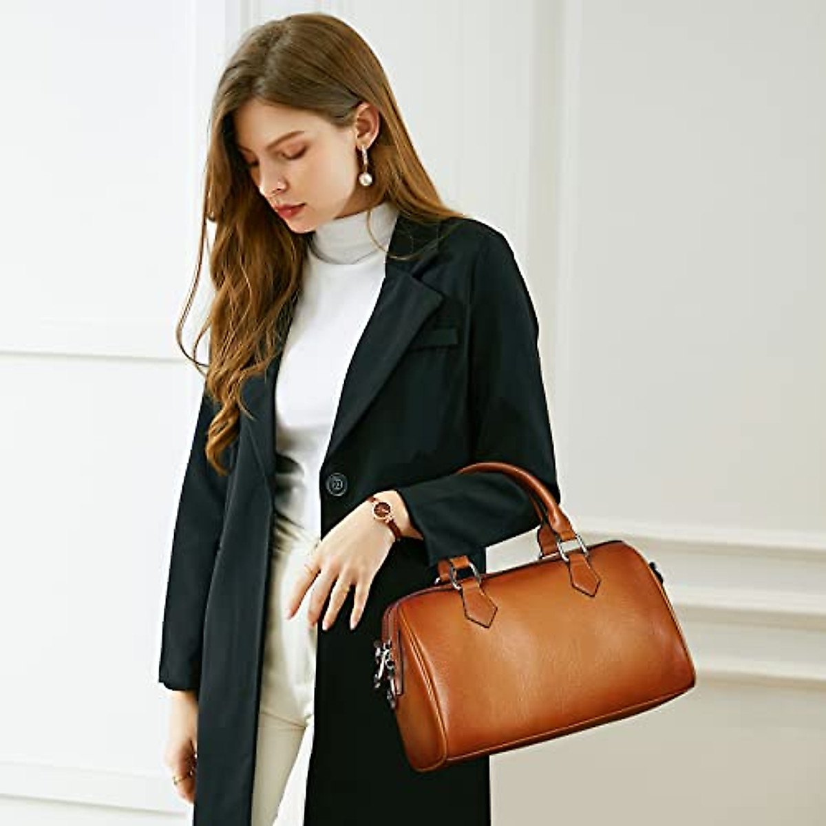 HESHE Genuine Leather Purses for Women Satchel Handbags Designer Ladies Shoulder Bags Cross Body Purse(Sorrel)