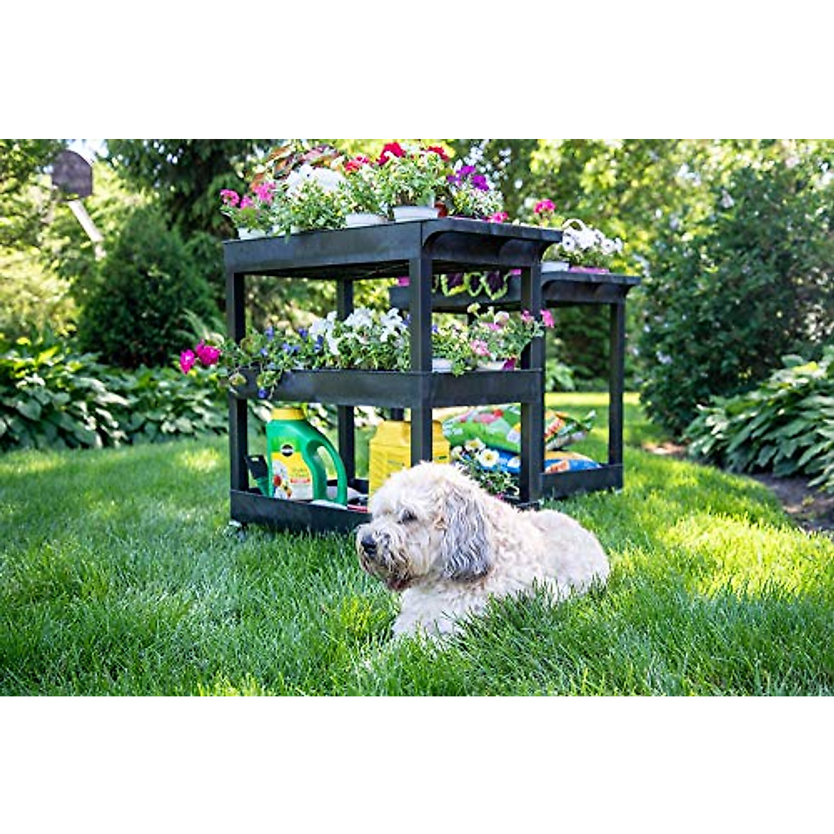 Offex 32" x 18" Mobile Multipurpose Utility Tub Cart with 3 Shelves and Ergonomic Handle - Black, Great for Warehouse, Garage and More