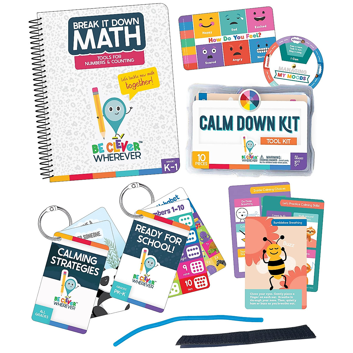Be Clever Wherever 43-Piece Preschool Kit, Preschool Learning Calm Down Corner Tool Kit Supplies, Numbers & Counting Preschool Math Book, and Calming Corner Strategies & Ready for School Flash Cards