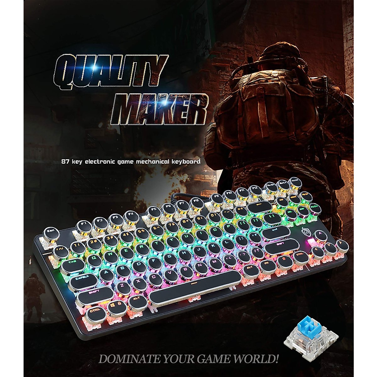 Type Writer Keyboard, Typewriter-Style Steampunk Mechanical Gaming Keyboards Blue Switch with 9 True RGB Backlight Modes and 87-Key Wired Keyboard with Spill-Resistant (Round Keycaps)