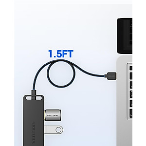 USB Hub VENTION 4-Port USB 3.0 Hub 1.5FT Ultra-Slim Data USB Splitter Charging Supported Compatible with MacBook, Laptop, Surface Pro, PS4, PC, Flash Drive, Mobile HDD