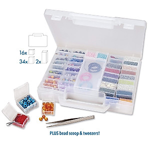 The Beadsmith Bead Organizer Carrying Case, 55 piece set, with removable compartments in assorted sizes, a carrying case, plus a bead scoop and tweezer.