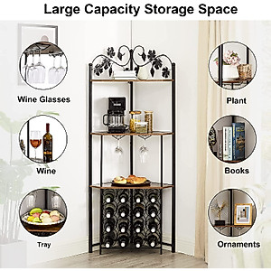 VECELO 3-Tier Corner Wine Rack Freestanding Floor with Glass Holder, 16 Bottles, Wooden Home Liquor Bar Cabinet Storage Display Shelf for Kitchen Dining Room, Rustic Brown