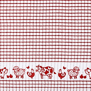 Cackleberry Home Barnyard Animals Windowpane Check Cotton Terrycloth Kitchen Towels, Set of 4 (Red)