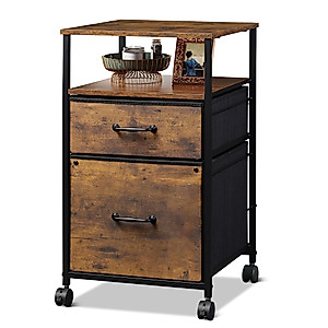 DEVAISE 2 Drawer Mobile File Cabinet, Rolling Printer Stand with Open Storage Shelf, Fabric Vertical Filing Cabinet fits A4 or Letter Size for Home Office, Rustic Brown Wood Grain Print
