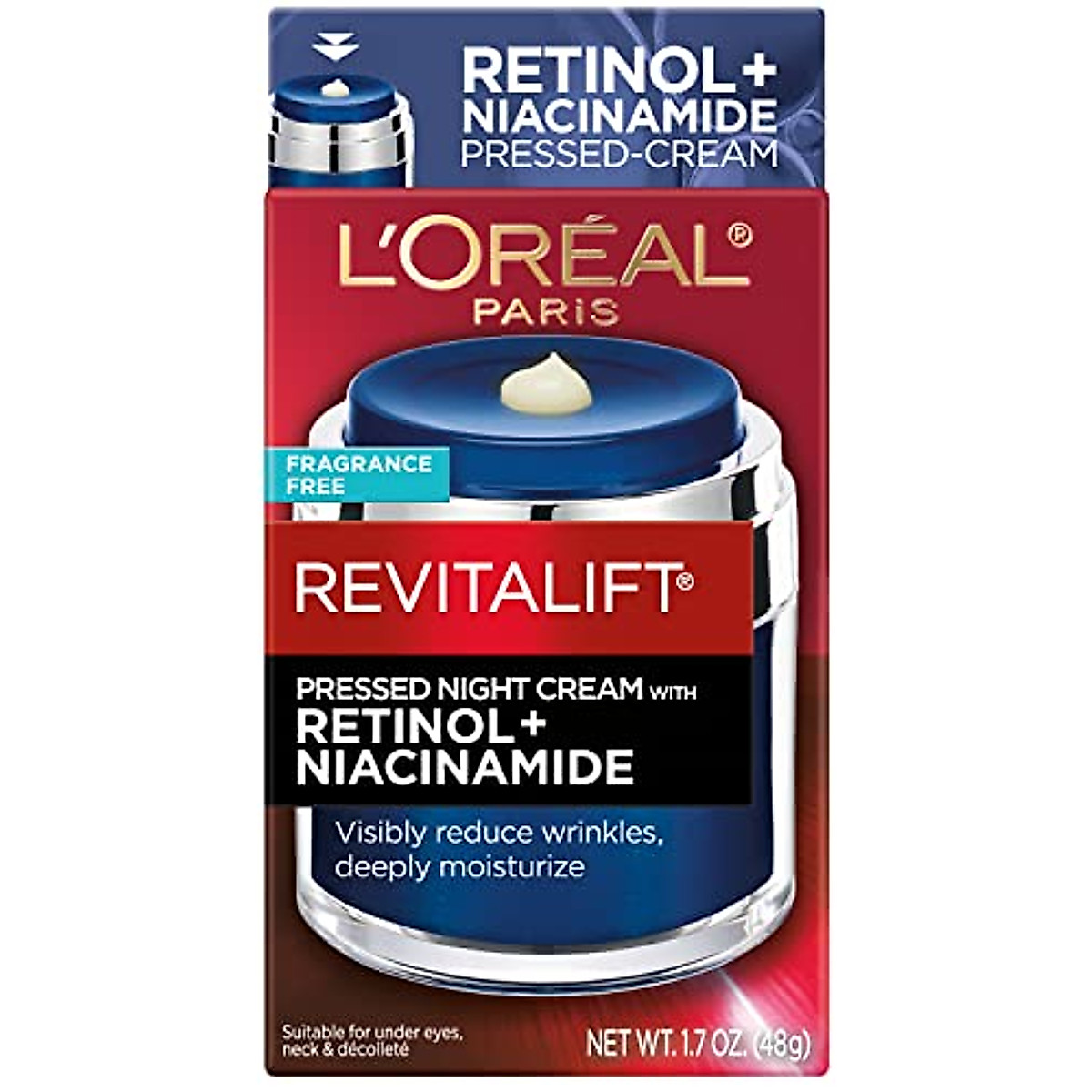 L'Oreal Paris Revitalift Pressed Night Cream, Retinol + Niacinamide, Visibly Reduces Wrinkles & Deeply Moisturizes, Fragrance Free, 1.7 oz + Serum Sample