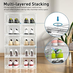 Mitees 10 Pack XX Large Thicken Sturdy Hard Plastic Clear Stackable Shoe Storage Boxes for Size 12, Sneaker Shoe Rack Containers Holders Bins Display Case Organizer for Closet, Red Clear