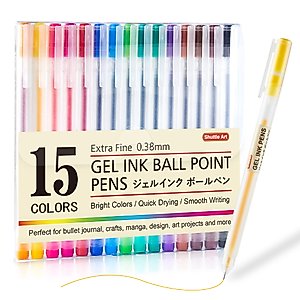Shuttle Art Gel Ink Ball Point Pens, 15 Colors Japanese Style Pens, 0.38mm Extra-Fine Ballpoint Pens for Home, School and Office