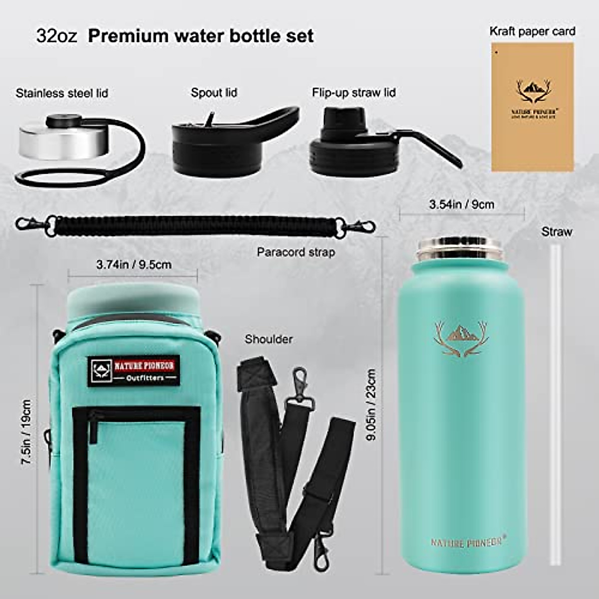 NATURE PIONEOR Insulated Water Bottles with Straw - 24/32/40 oz Stainless Steel Vacuum Water Bottle with Holder/Carrier/Sleeve - Reusable 18/8 Food Grade Thermos Water Jug