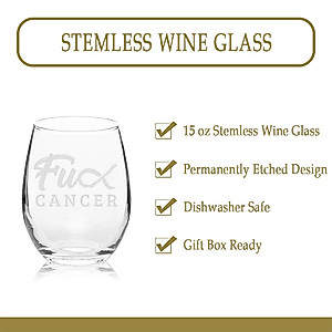 Veracco F*ck Cancer Ribbon Stemless Wine Glass Motivational Inspirational Uplifting Funny Gift For Cancer Survivor
