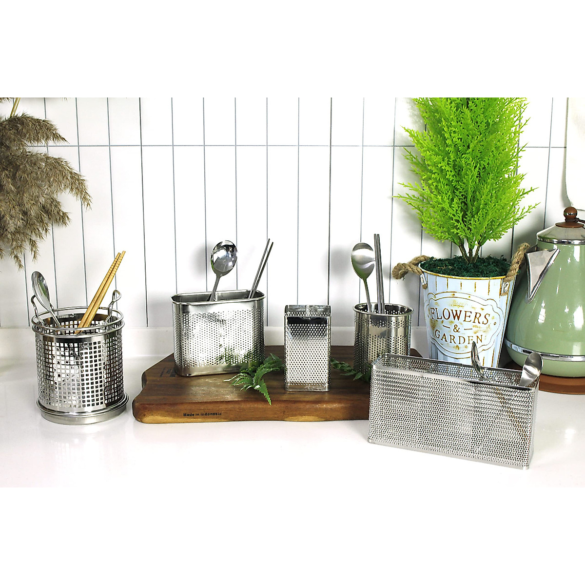 LENITH Kitchen Utensil Chopsticks Perforated Holder with Hooks - 304 Stainless Steel Storage for Organizer Dishwasher Safe (Large Rectangle)