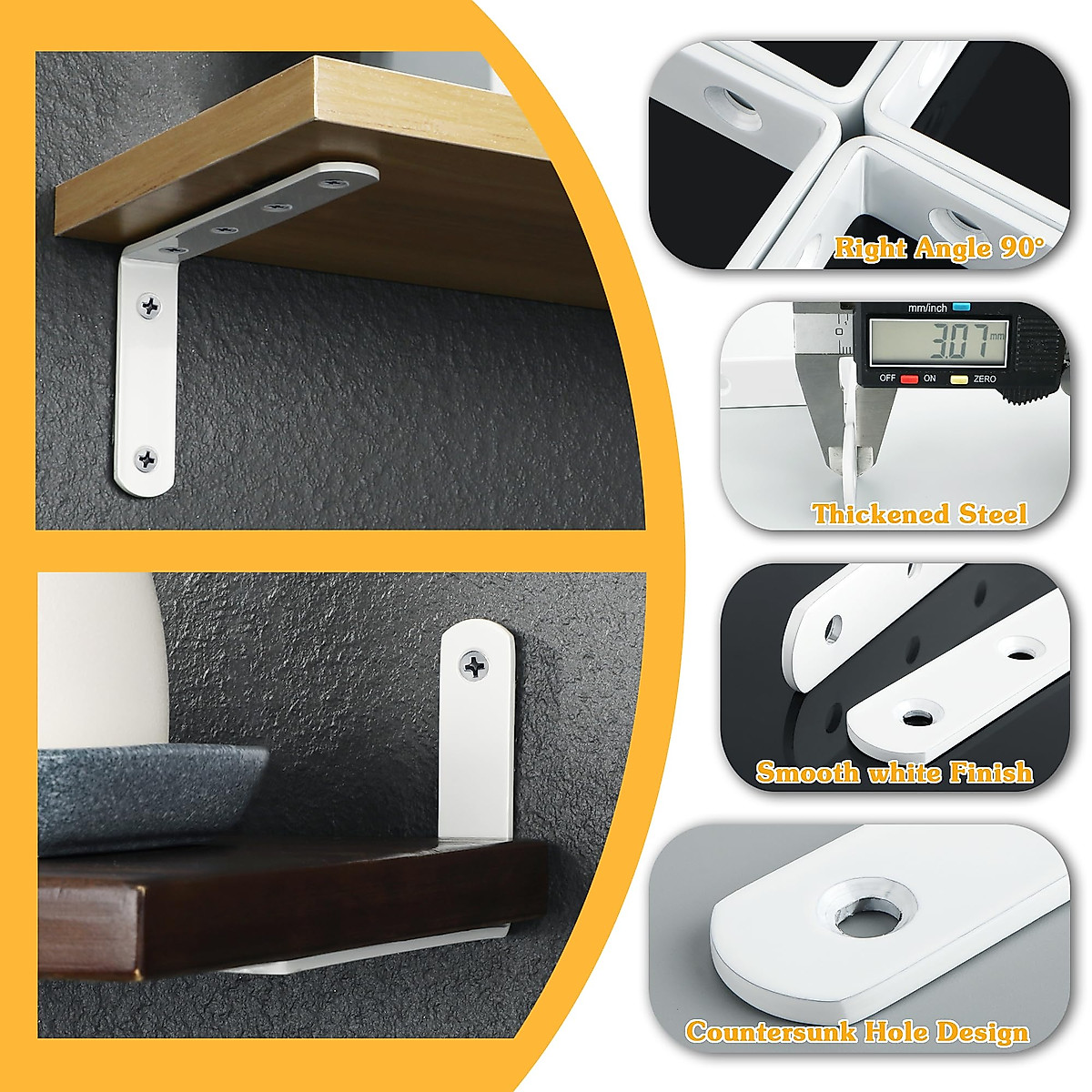 Alise Floating Shelf Brackets,White Bracket for Shelves Heavy Duty L Wall Bracket Corner Brace,Stainless Steel Joint Angle Bracket for Wooden Board Hanging Support,5x3 Inch(Pack of 4)