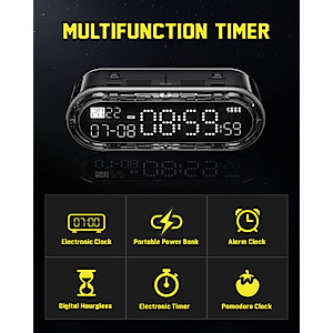 sharge 4 in 1 Multifunctional Timer: Digital Clock/Digital Timer/Countdown Timer/Pomodoro Timer, 5000mAh Portable Charger Included, 20W USB Fast Charging（Includes Capsule Portal, by Shargeek）