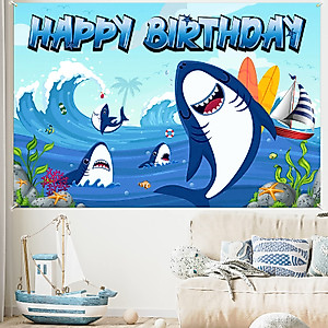 Shark Birthday Backdrop Banner Decor Blue - Under the Sea Shark Theme Happy Birthday Party Decorations for Boys Girls Supplies, 3.9 x 5.9 ft