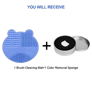 OMSM Brush Cleaning Mat+Color Removal Sponge，2 in 1 Silicone Brush Cleaning Mat with Holder for Storage&Air Dry Brushes,Clean Makeup Brushes Instantly-Blue