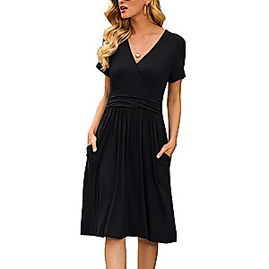 LILBETTER Women's Summer Casual Short Sleeve V-Neck Short Party Dress with Pockets Black Medium